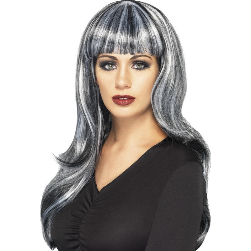 Perruque longue noire et blanche avec frange femme